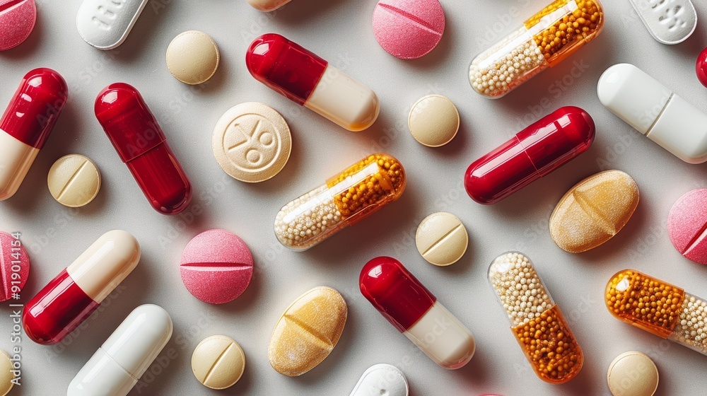 Assorted capsules and tablets arranged on a surface with diverse shapes ...