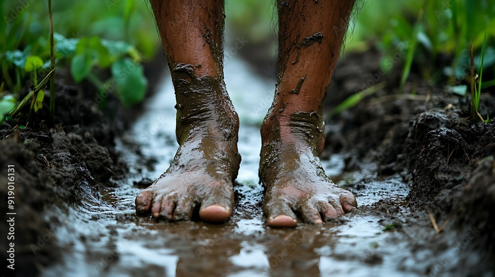 A Thai farmer's feet covered in mud as they work barefoot in a rice ...
