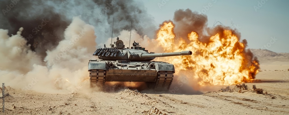 Epic scene of an armored tank charging through a desert battlefield ...