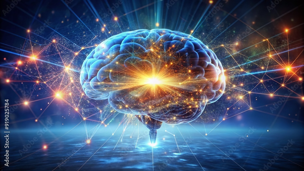 A futuristic glowing digital brain orbits in mid-air, symbolizing ...