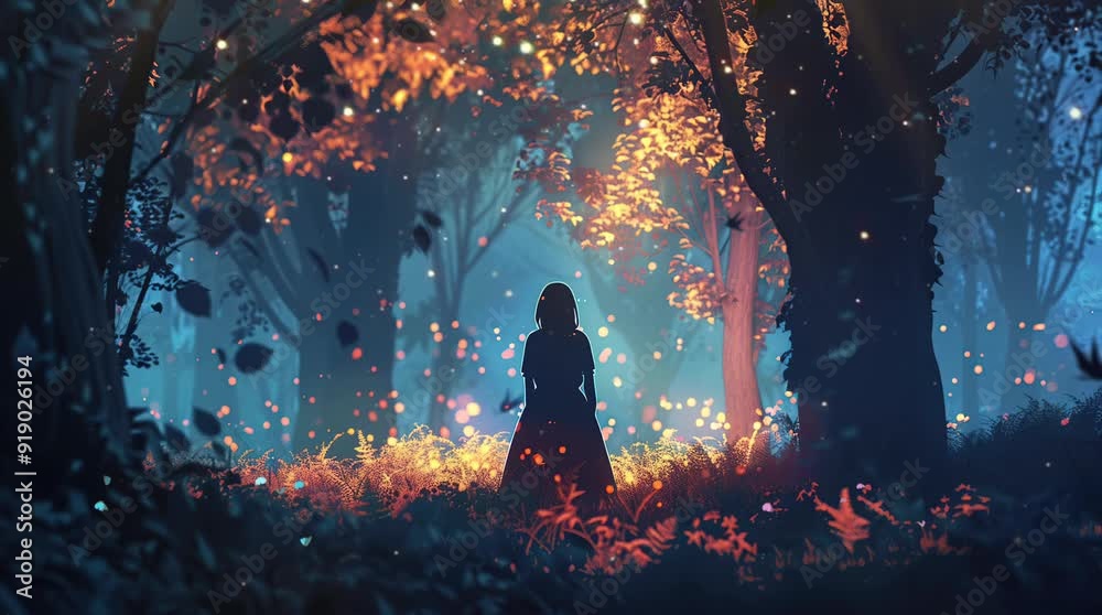 Anime girl standing alone in a mystical fantasy forest, surrounded by ...