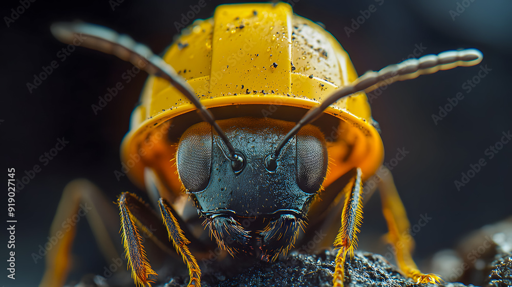 Closeup detailed macro shot of a buzzing orange and black wasp or ...