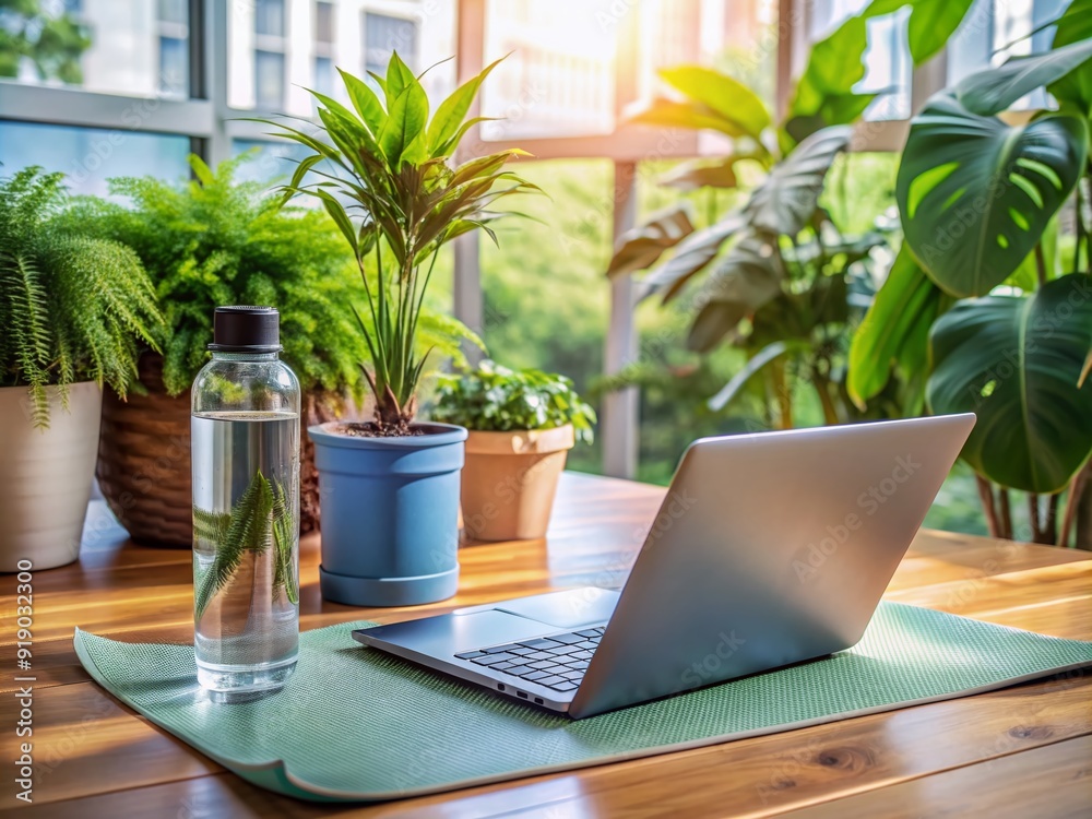 Serene workspace with laptop, water bottle, and yoga mat, surrounded by ...