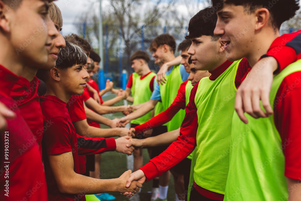 Soccer players shaking hands and congratulating each other on field ...