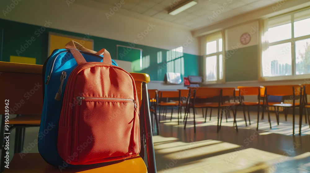 "Backpacks placed near desks in an empty primary school classroom, with ...