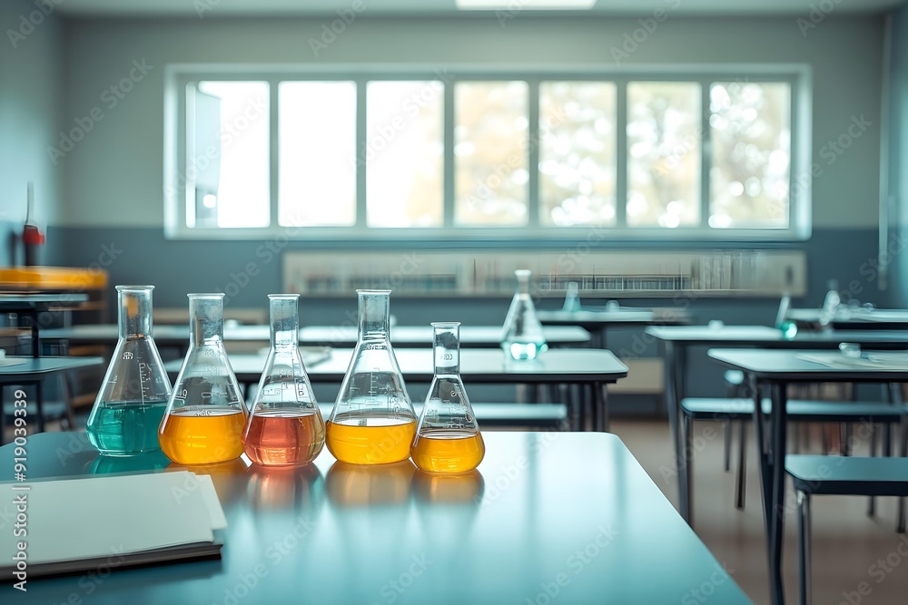 Empty science classroom with laboratory glassware on the desks ...