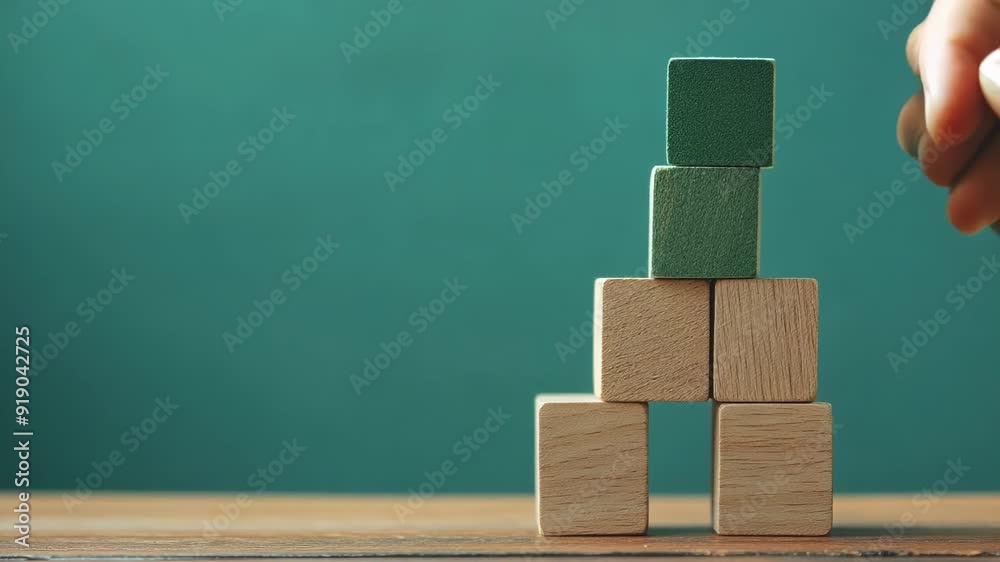 Wooden blocks stacked on wooden surface against green background. Hand ...