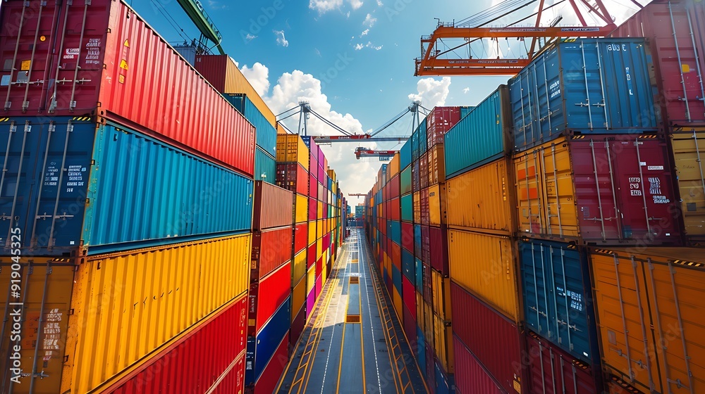 Container ship at a port, cranes operating under a clear blue sky ...