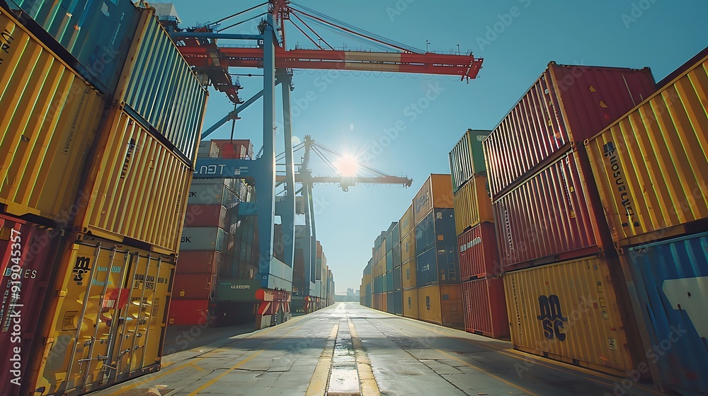 Container ship at a port, cranes operating under a clear blue sky ...