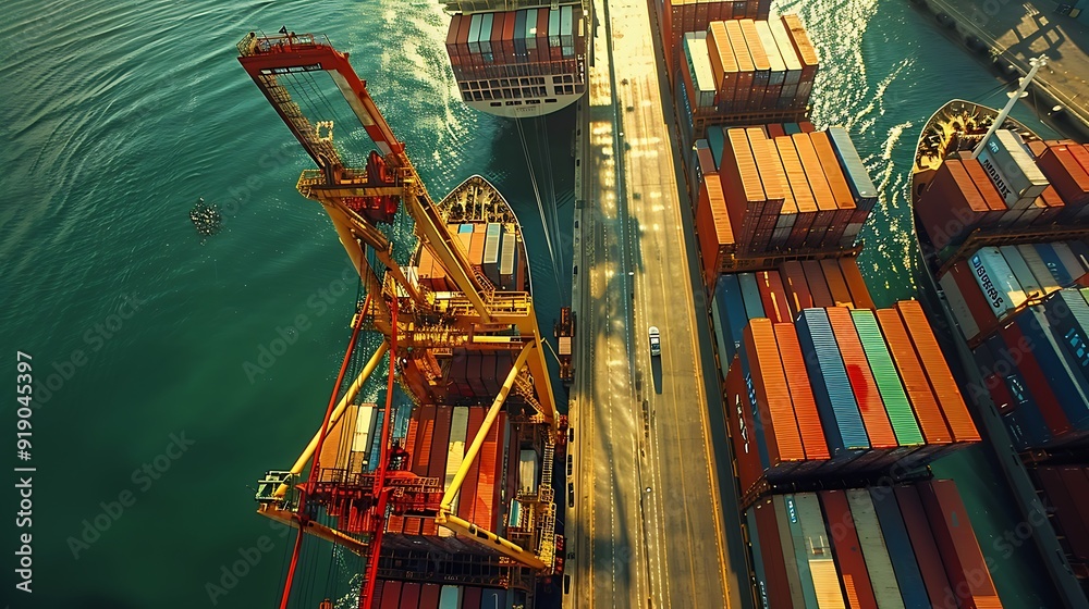 Container ship at a port, cranes unloading containers, midday sun ...
