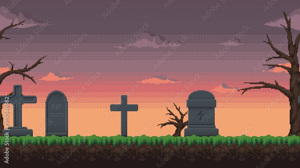 Pixel art animated graveyard landscape. Cemetery background for 8 bit ...