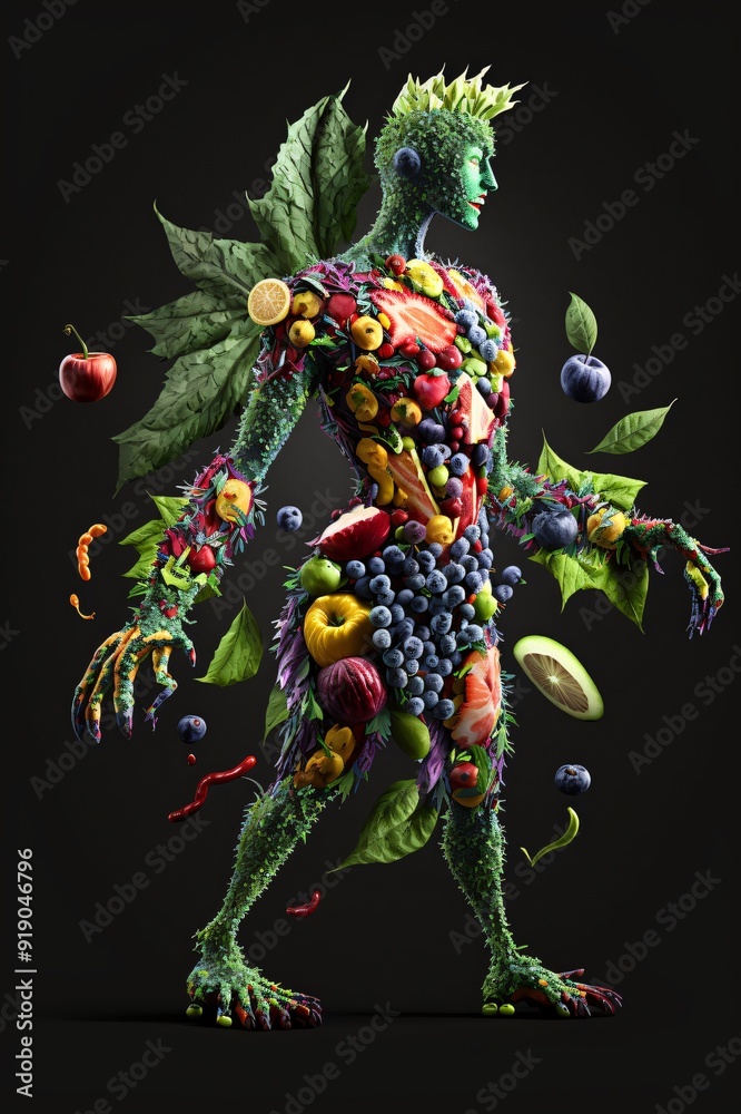 Green humanoid figure with a crown of leaves is walking while covered ...