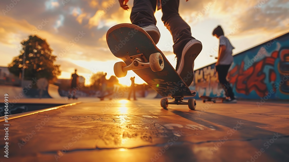 Group of skateboarders doing tricks in a modern skatepark, urban ...
