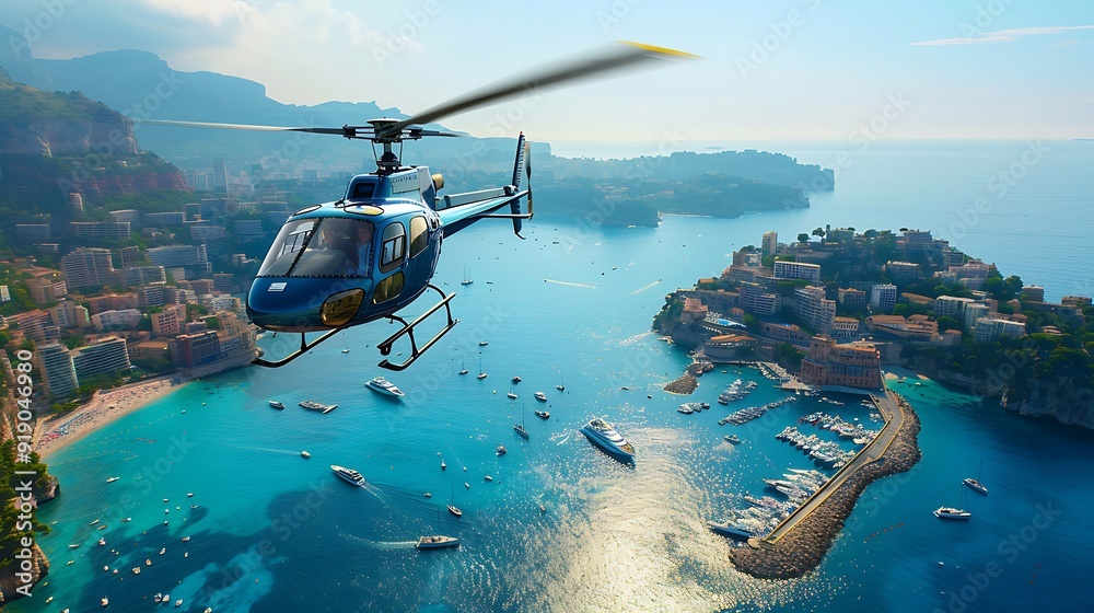 Helicopter flying above a coastal city, beaches and marinas below ...
