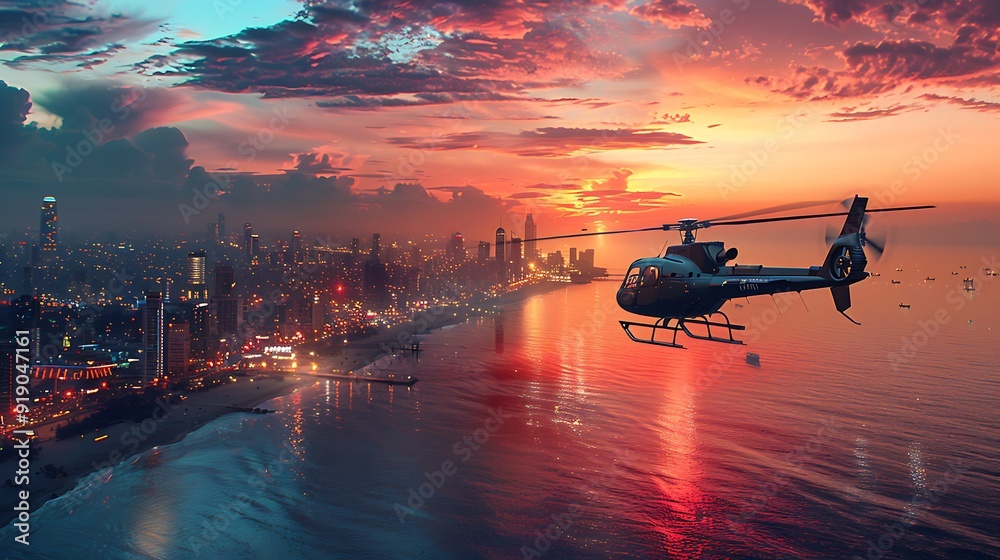 Helicopter soaring above a coastal city at dusk, city lights beginning ...