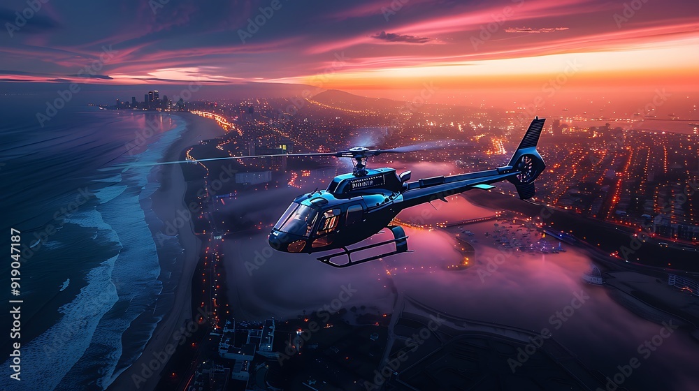 Helicopter soaring above a coastal city at dusk, city lights beginning ...