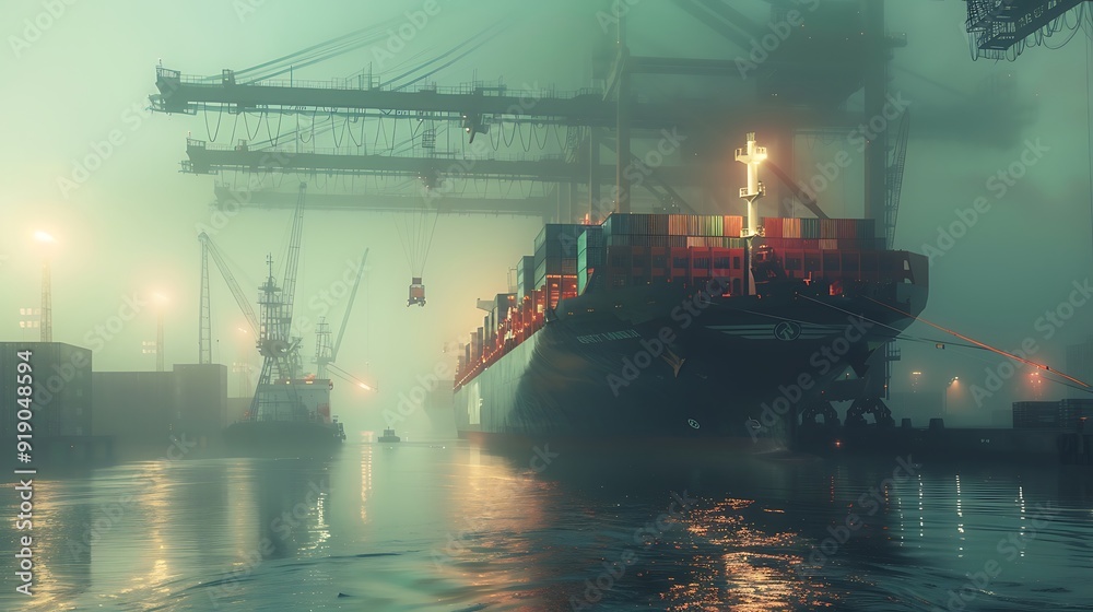 Massive container ship docked, cranes lifting containers at a busy port ...