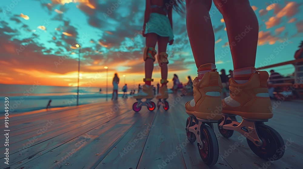 People rollerblading along a scenic beach boardwalk at sunset, vibrant ...