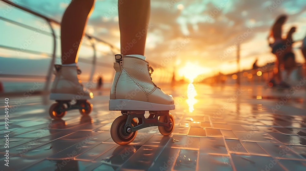 People rollerblading along a beachfront boardwalk at sunset, vibrant ...