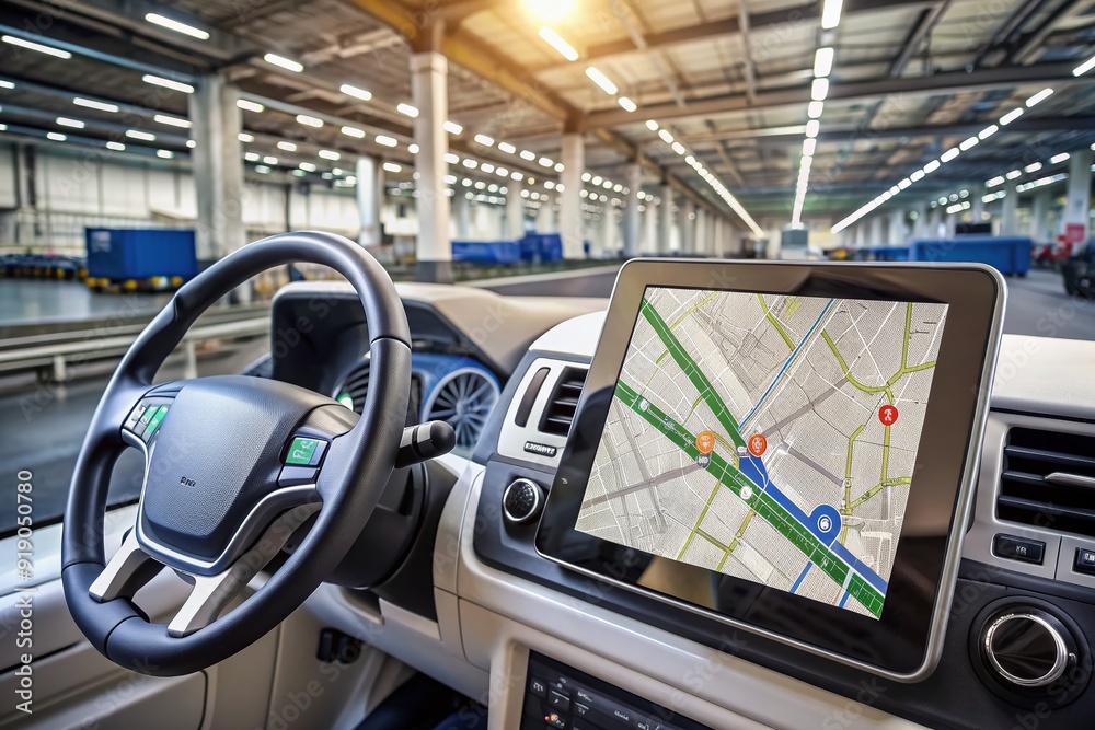 A modern logistics tablet lies on a truck fleet dashboard, surrounded ...