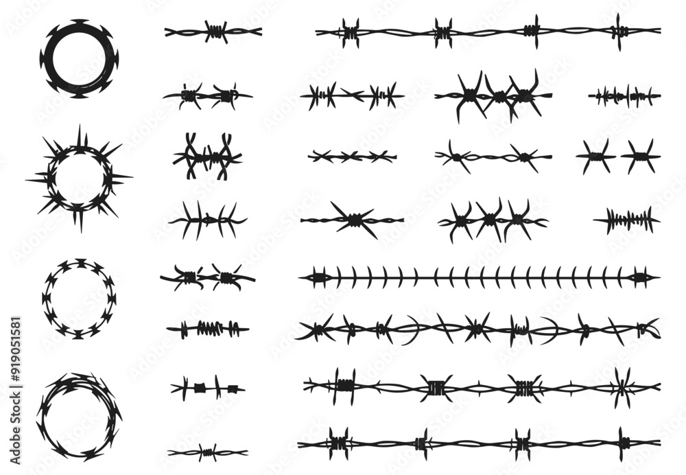 Barbed wire icons set. Black contour silhouettes. Twisted and straight ...