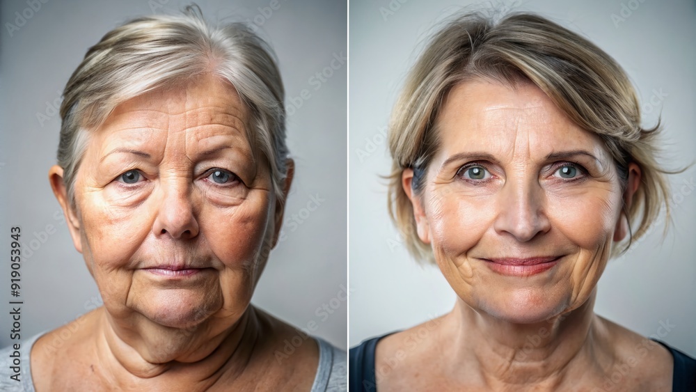 Before-and-after split-screen display shows a wrinkled, tired-looking ...