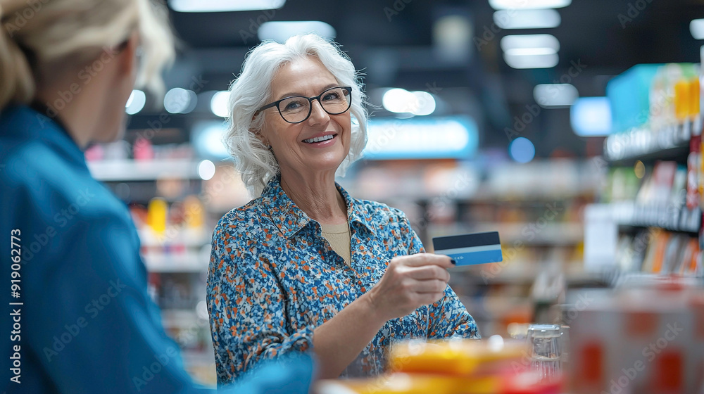 Smiling senior woman is handing her credit card to a cashier at the ...