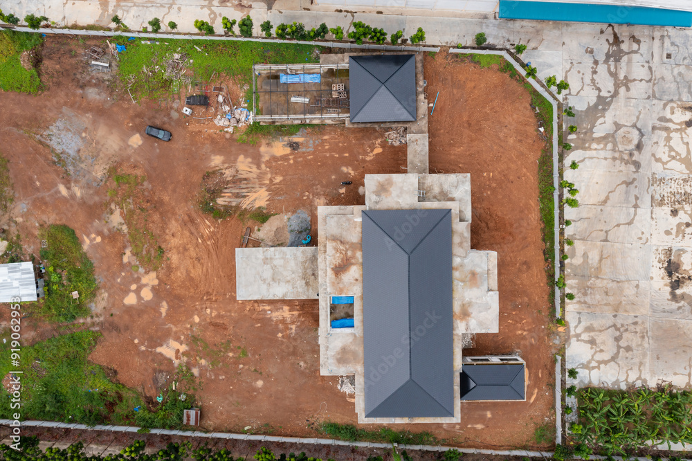 Aerial top view of Under construction residential new house with ...