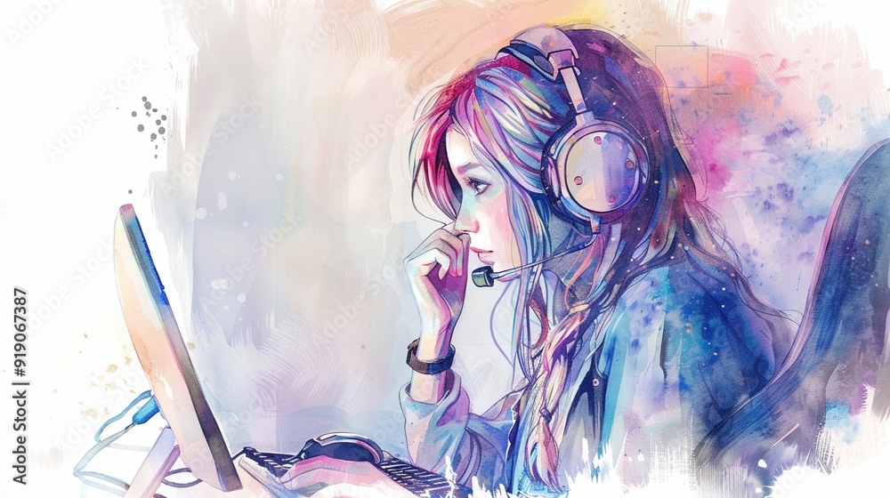 Gamer girl with a gaming-themed hoodie,Clipart, watercolor illustration ...