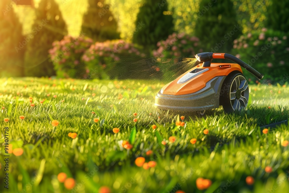 Timelapse Aerial - Top down shot of robotic lawn mower mowing the lawn ...