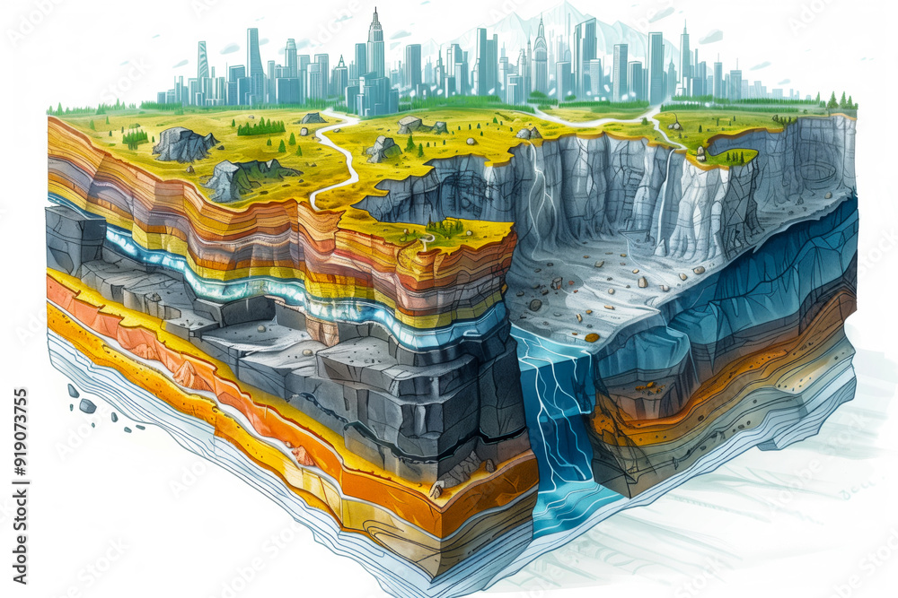Cut geological structure earth groundwater, tectonic plates, collision ...