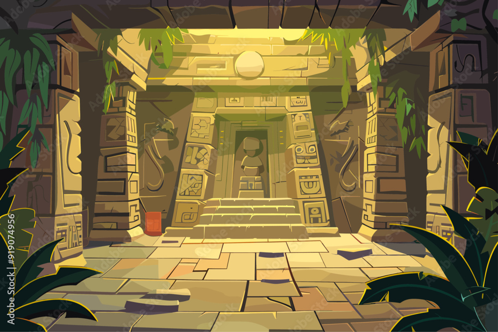 Interior of an ancient Aztec temple landscape. Stonework walls covered ...