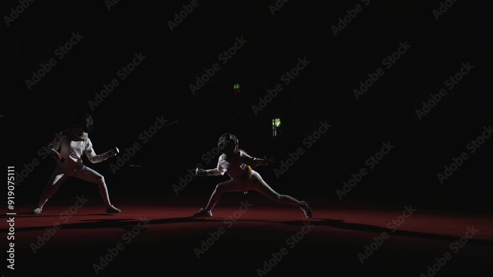 Slender Young Women Fighting On Fencing Track, Silhouette Of Ladies In ...