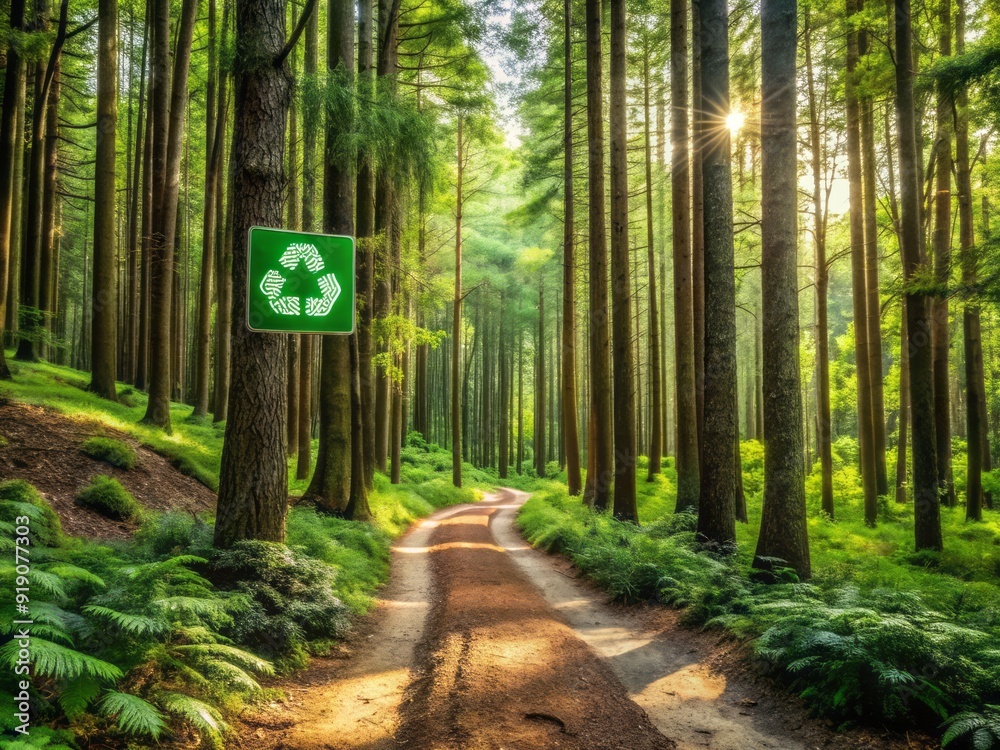 Dense forest with reforestation signs, lush green trees, and a winding ...