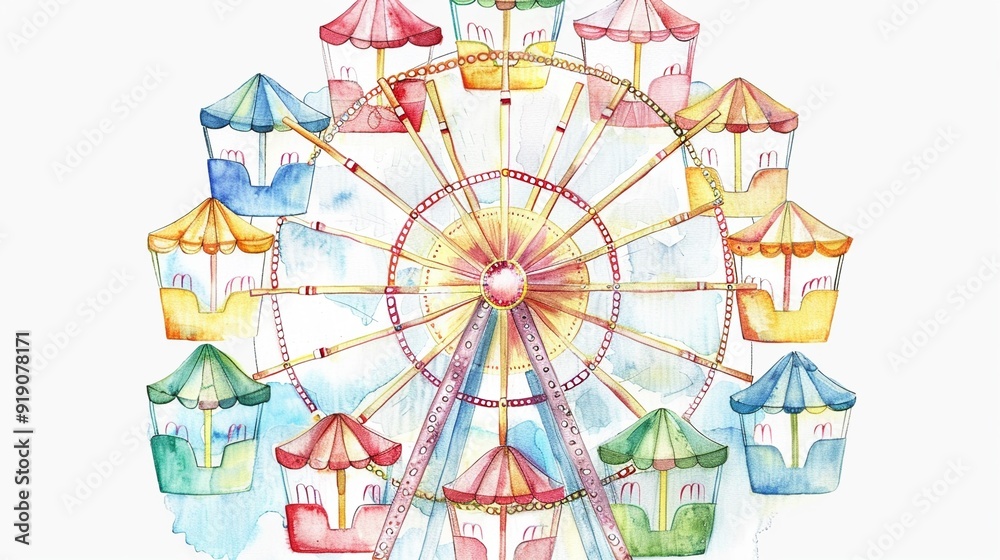 Ferris wheel with circus themed carts,Clipart, watercolor illustration ...