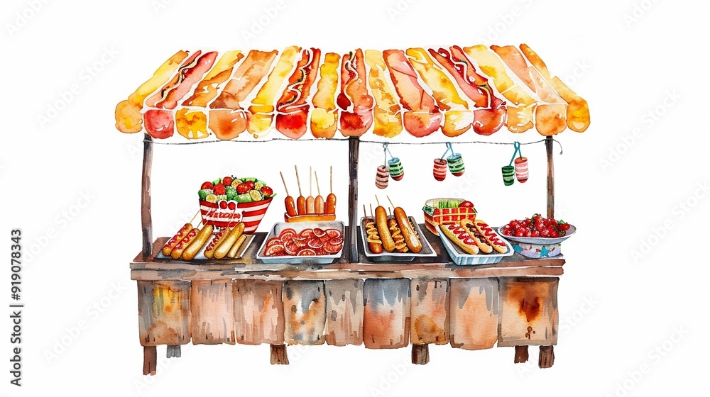 Hot dog stand with circus themed toppings,Clipart, watercolor ...