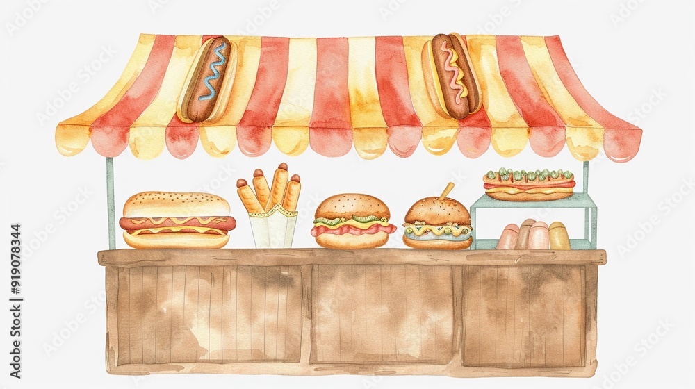 Hot dog stand with circus themed toppings,Clipart, watercolor ...