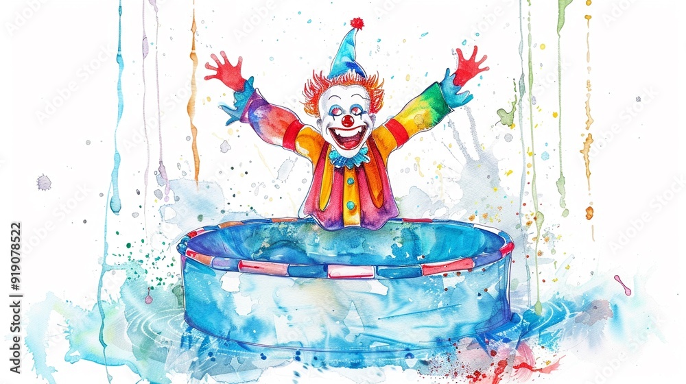 Dunk tank with a clown target,Clipart, watercolor illustration, Perfect ...
