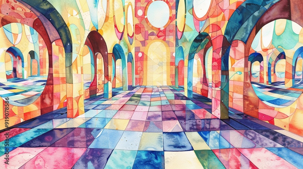 Mirror maze with funhouse mirrors,Clipart, watercolor illustration ...