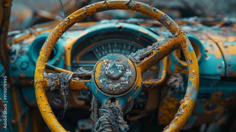 The vibrant, worn steering wheel of an old car reveals its age ...