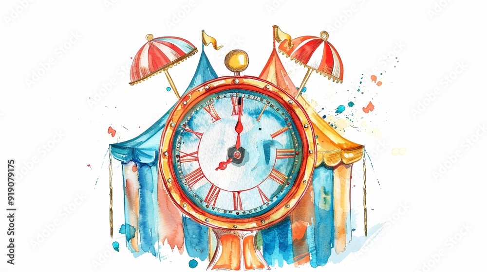 Circus clock counting down to showtime,Clipart, watercolor illustration ...