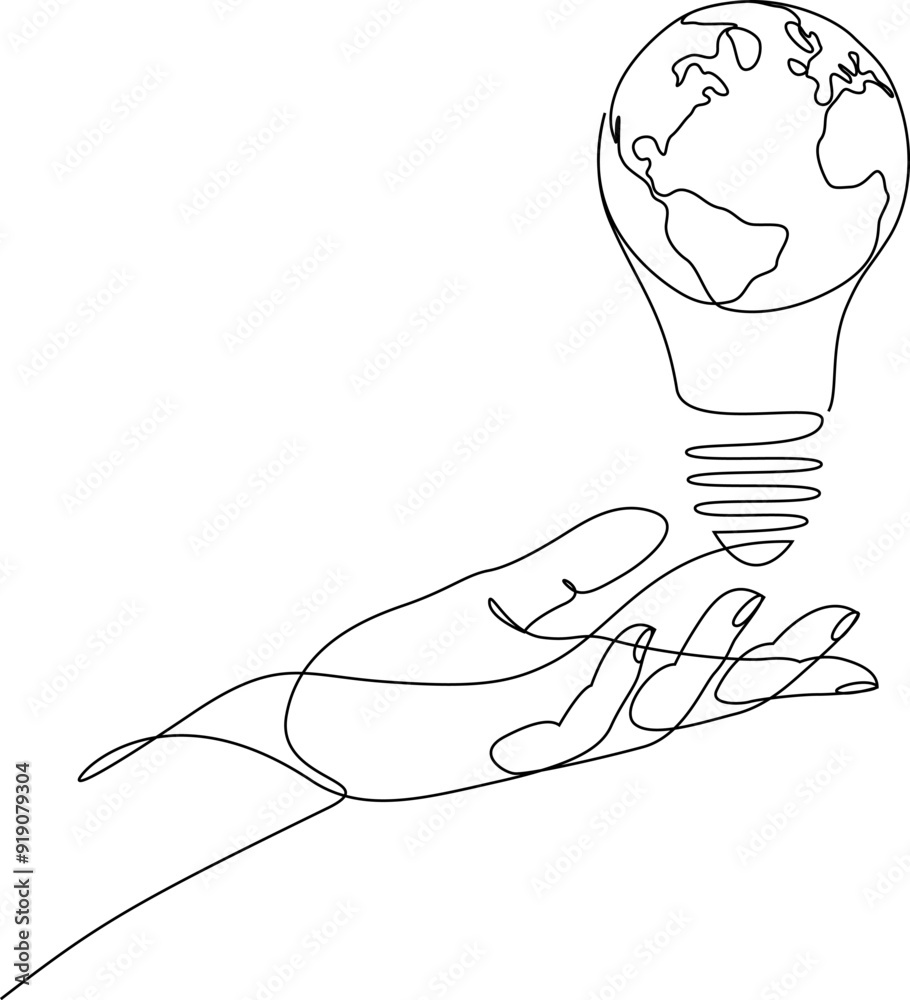 Continuous line drawing of human hand holding light bulb with Earth ...