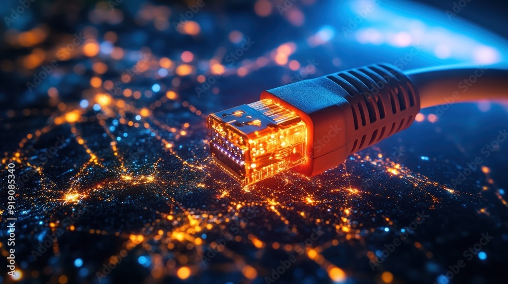 Ethernet Cable on a Map of Illuminated Cities Stock Illustration ...