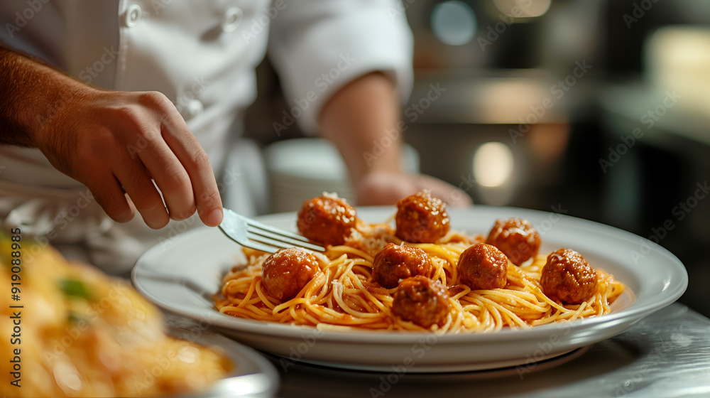 Chef Plating Spaghetti with Meatballs and Marinara Sauce in a ...