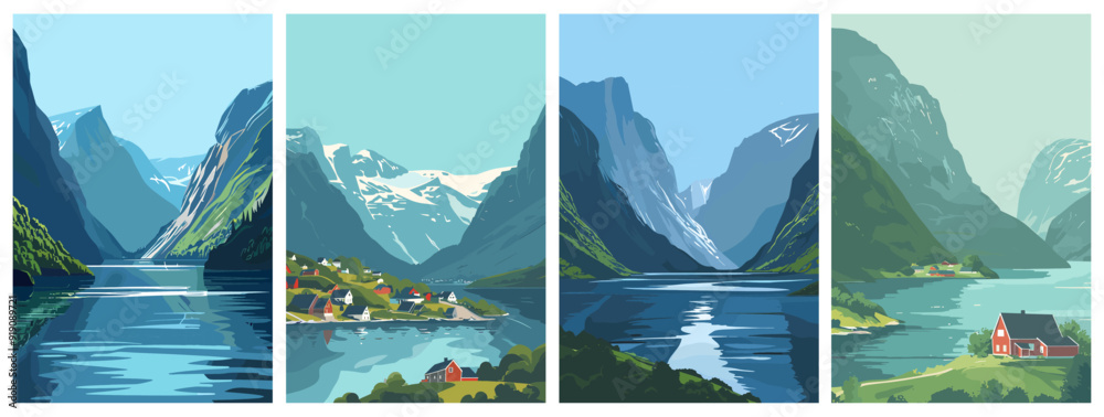 Norway fjords posters set. Old houses on the shore. Mountain islands ...