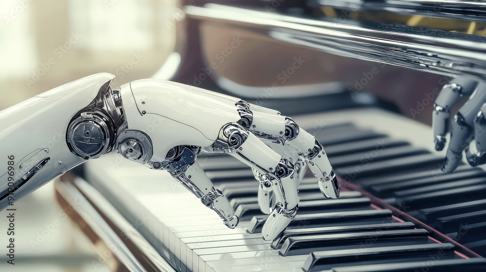 Futuristic AI Musician A High-Tech Robot Playing Piano Showcasing ...