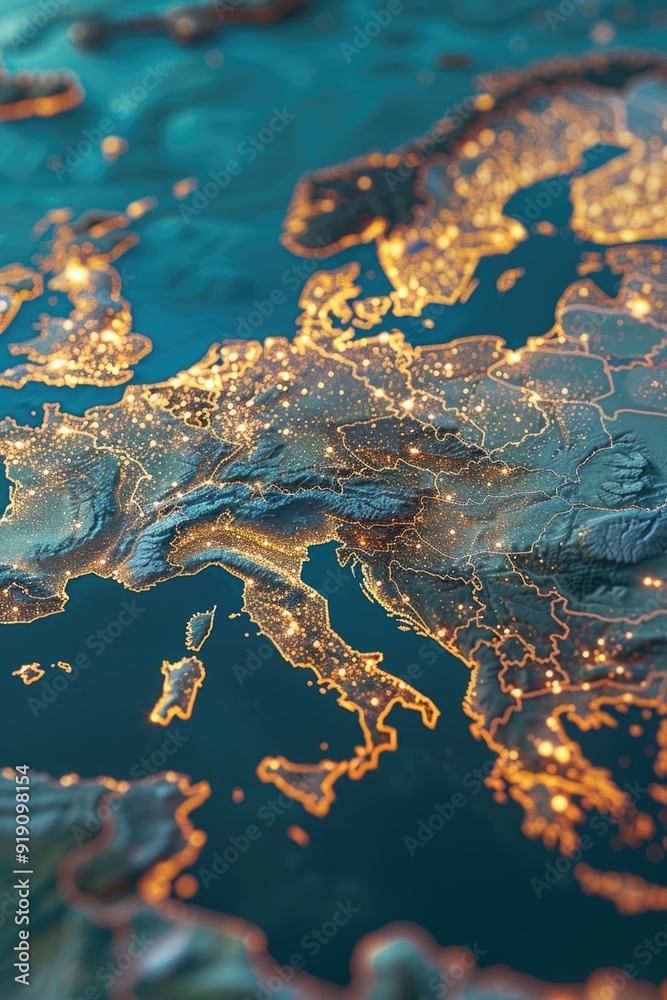 Beautiful night lights map of Europe with illuminated cities and ...