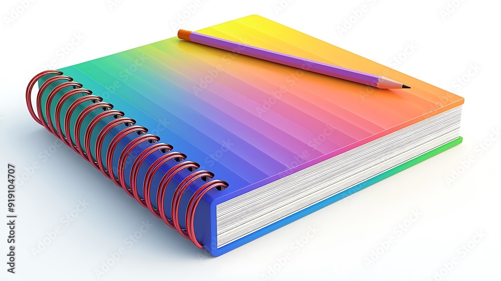 A 3D model of a colorful spiral notebook with pages slightly curled ...
