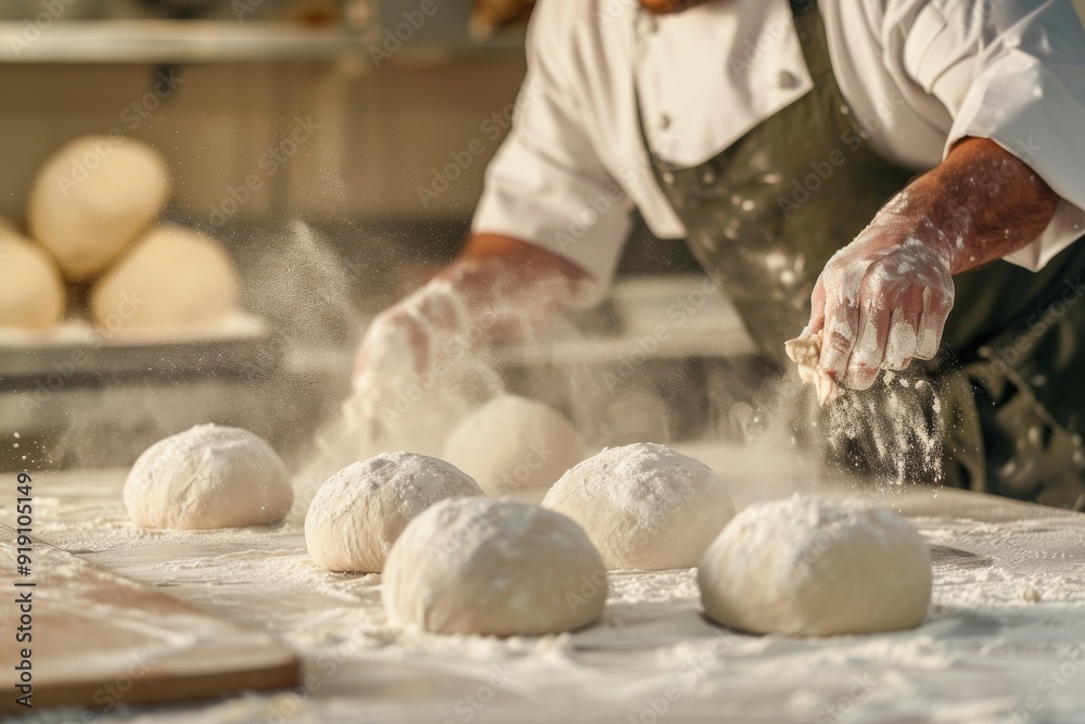 baker at work. The baker shapes the bread. Hands on the close-up form ...