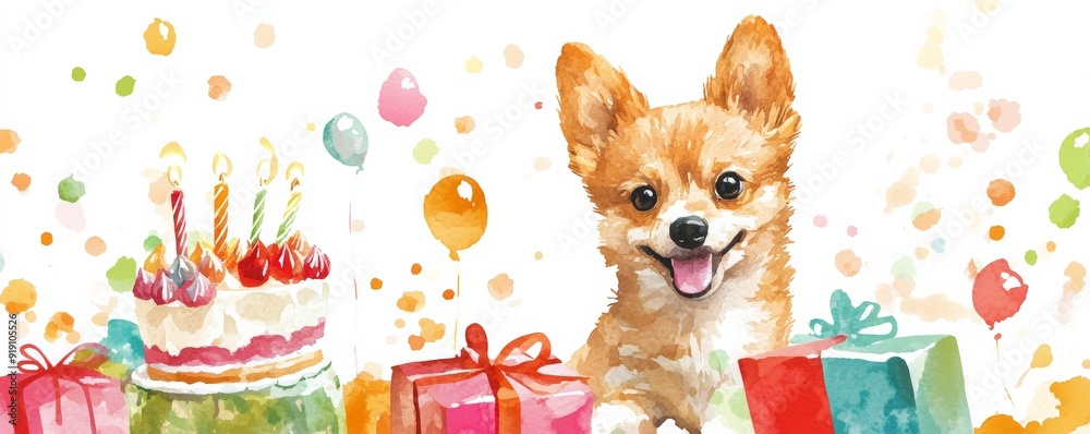 Cute watercolor illustration of a dog with birthday cake and presents ...